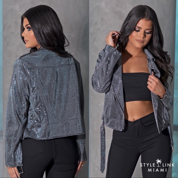 Style Link Miami | Jackets & Coats | Silver Metallic Moto Jacket | Poshmark